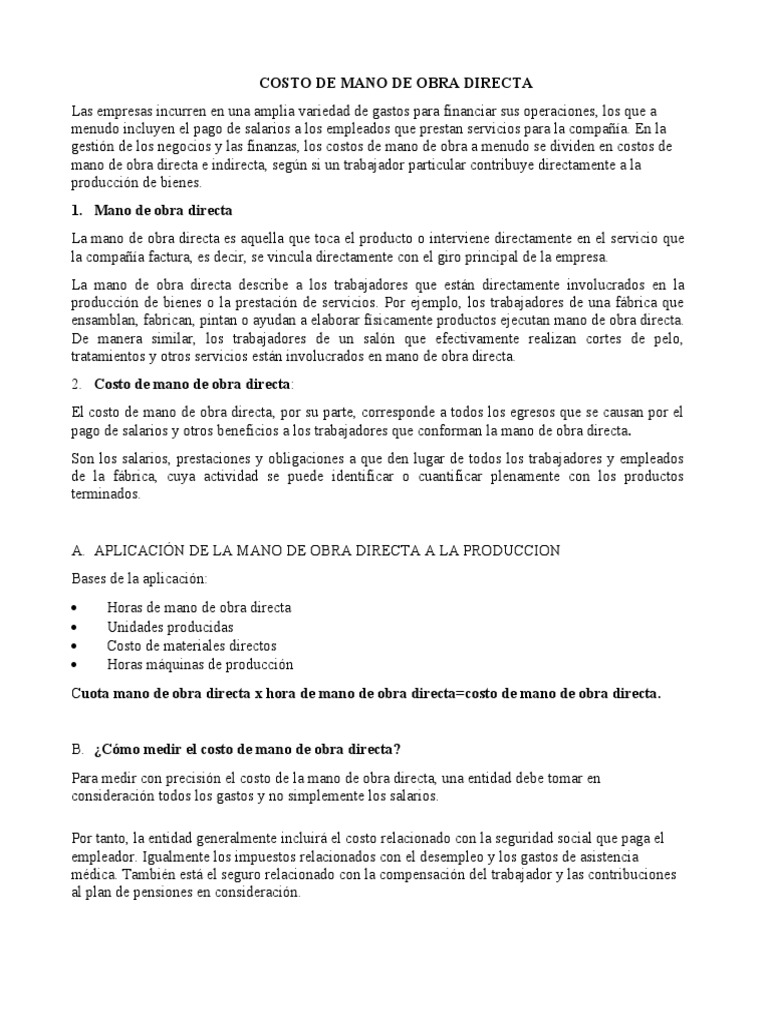 Costo y Ejemplos de Mano de Obra Directa | PDF | Costo | Salario
