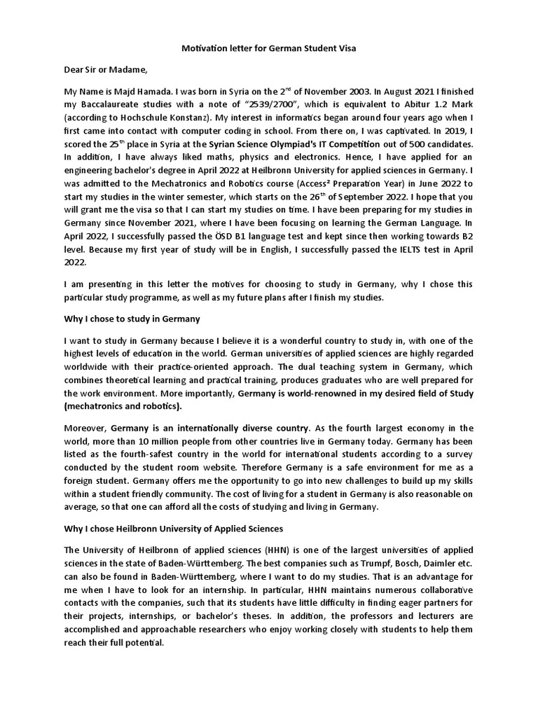 Visa Motivation Letter | PDF | Cost Of Living | Academic Degree