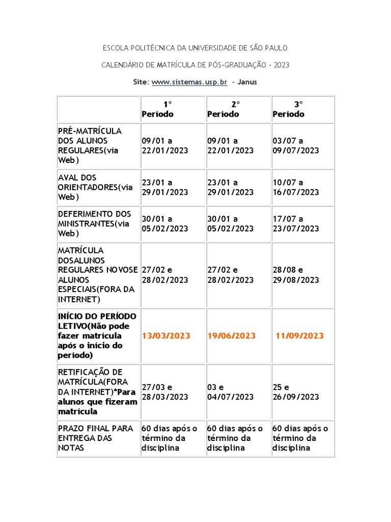 Poli-Usp Calendário de Matrícula de Pós-Graduação - 2023 | PDF