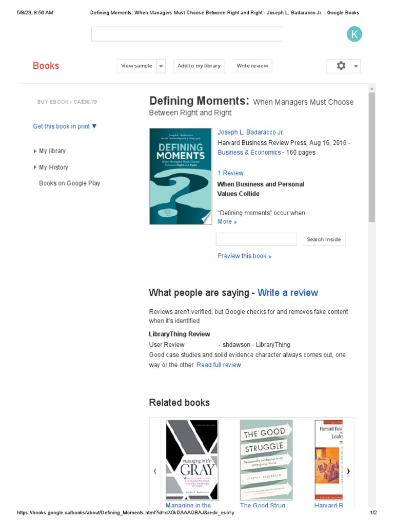 Defining Moments - When Managers Must Choose Between Right and Right ...