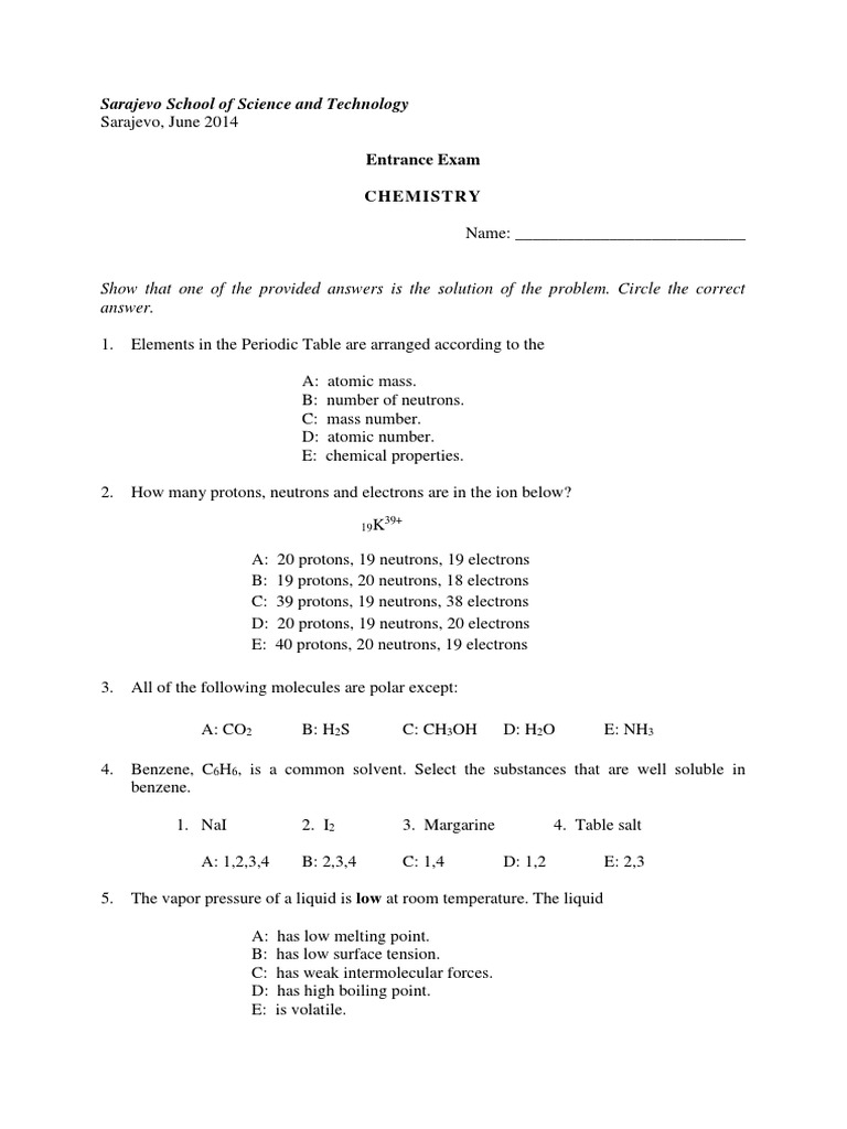Chemistry Entrance Test 1 | PDF | Ammonium | Solubility