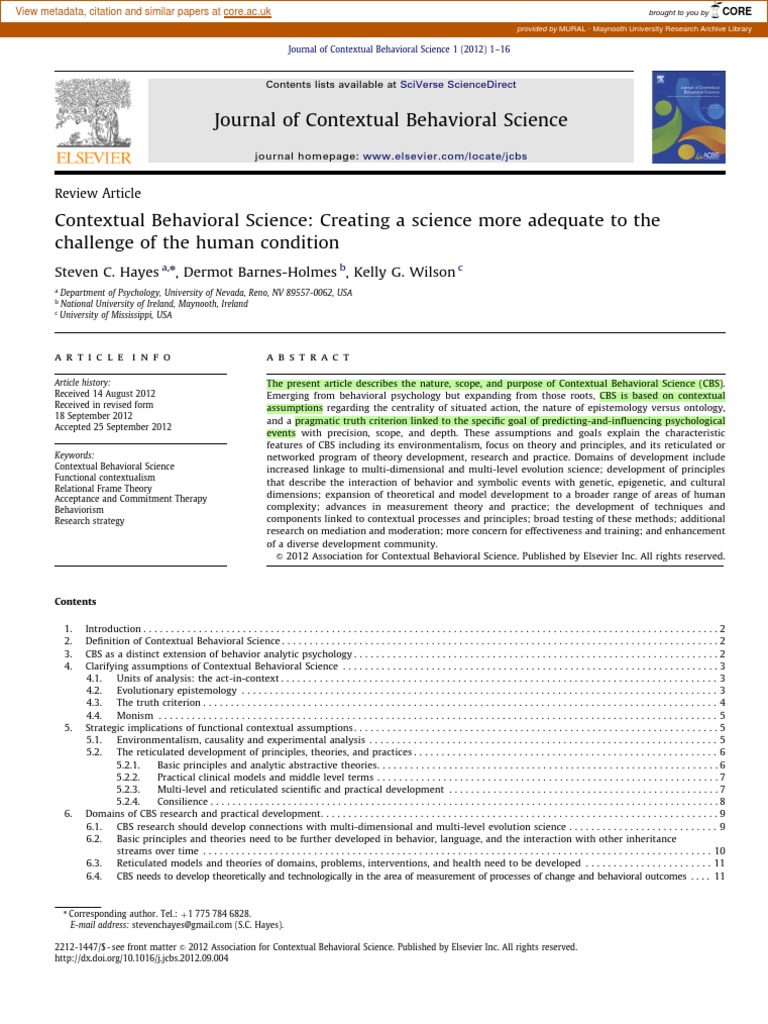Hayes (2012) Contextual Behavioral Science Creating a science more ...