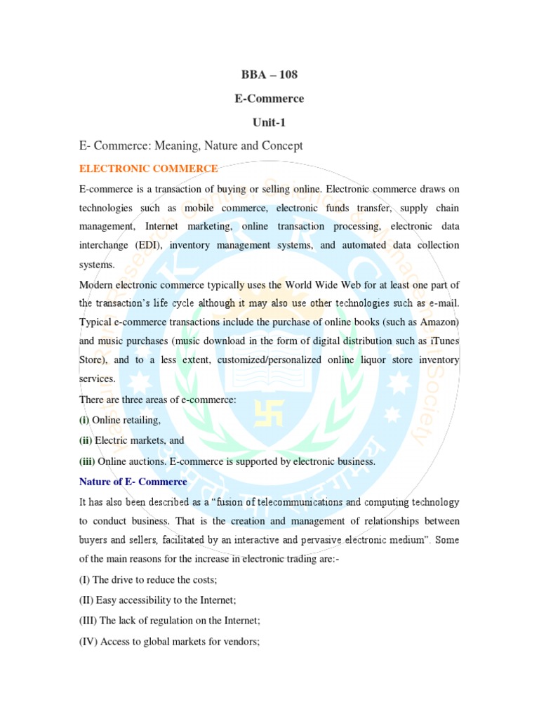 BBA-108-E-Commerce Unit One PDF | PDF | E Commerce | Online Shopping