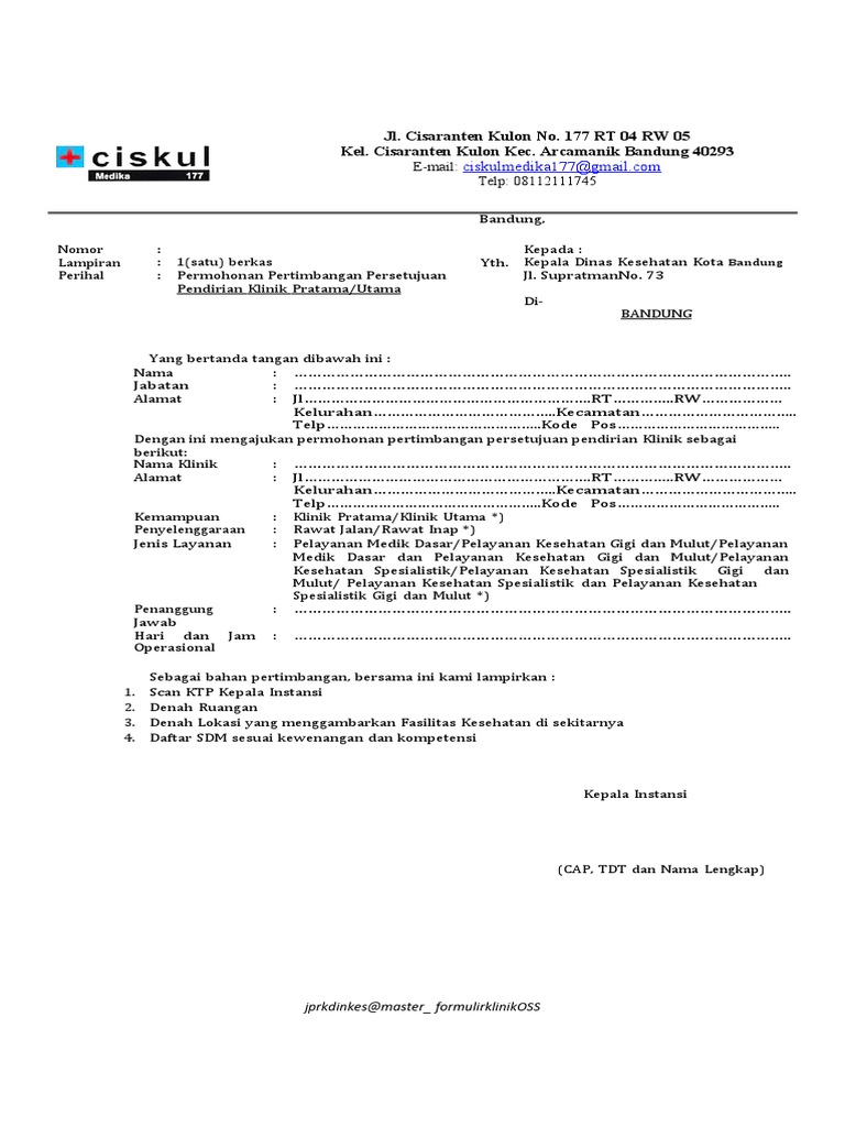 Form Permohonan Persetujuan Pendirian Klinik | PDF