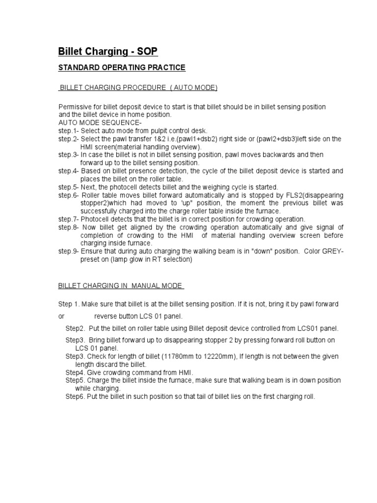 Sop of Billet Charging BM RHF | PDF | Manufactured Goods | Computer Engineering