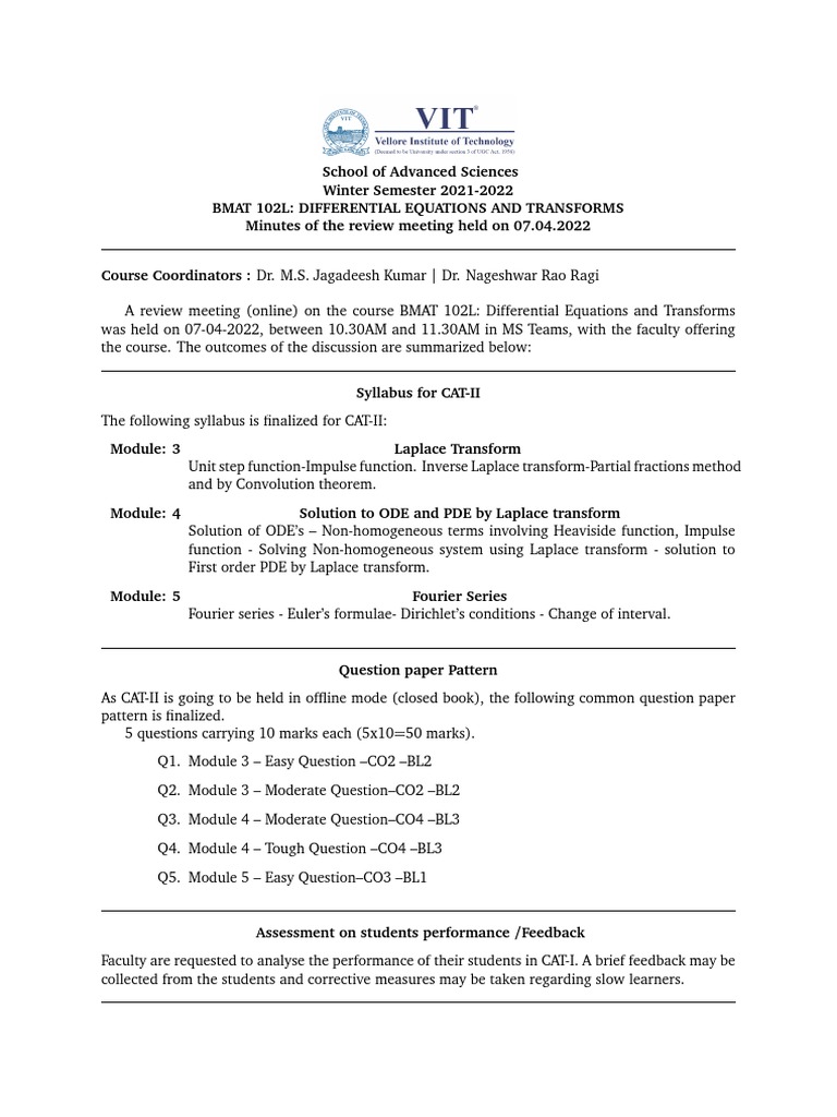 CAT-II Syllabus and Model Paper | PDF | Laplace Transform | Ordinary ...