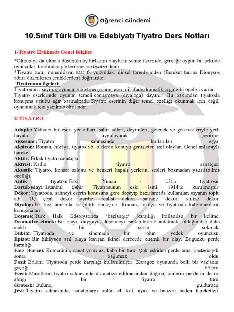 10.sinif Turk Dili Ve Edebiyati Tiyatro Ders Notlari PDF | PDF