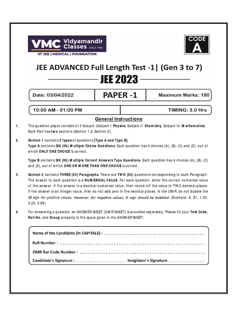 JEE Advanced 2023 Paper 1 Overview | PDF | Gases | Mole (Unit)