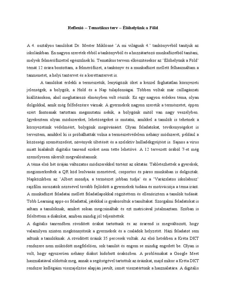 Tematikus Terv élőhelyünk A Föld Reflexió Pdf