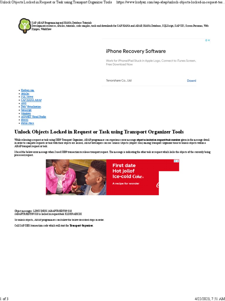 Unlock Objects Locked in Request or Task Using Transport Organizer Tools | PDF | Application ...