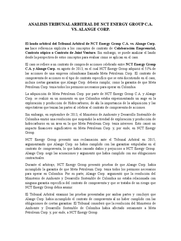 Analisis El Laudo Arbitral Del Tribunal Arbitral de NCT Energy Group C | PDF | Arbitraje ...