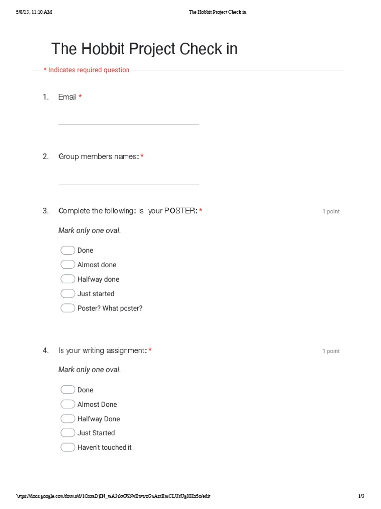 The Hobbit Check in - Google Forms | PDF