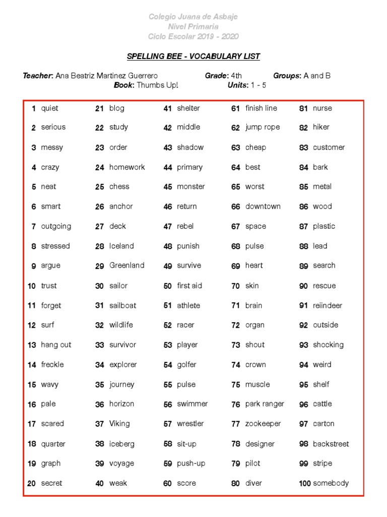 Spelling Bee 4th Grade | PDF