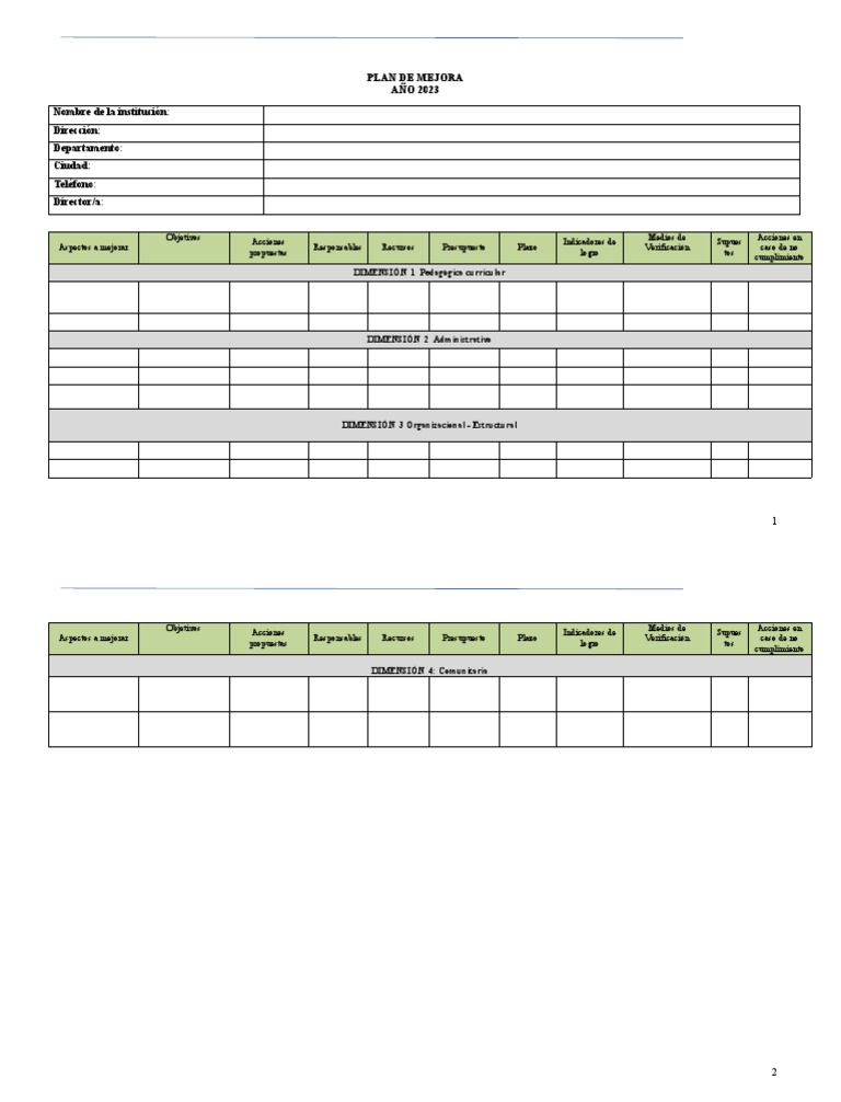 PLAN DE MEJORA Formato | PDF