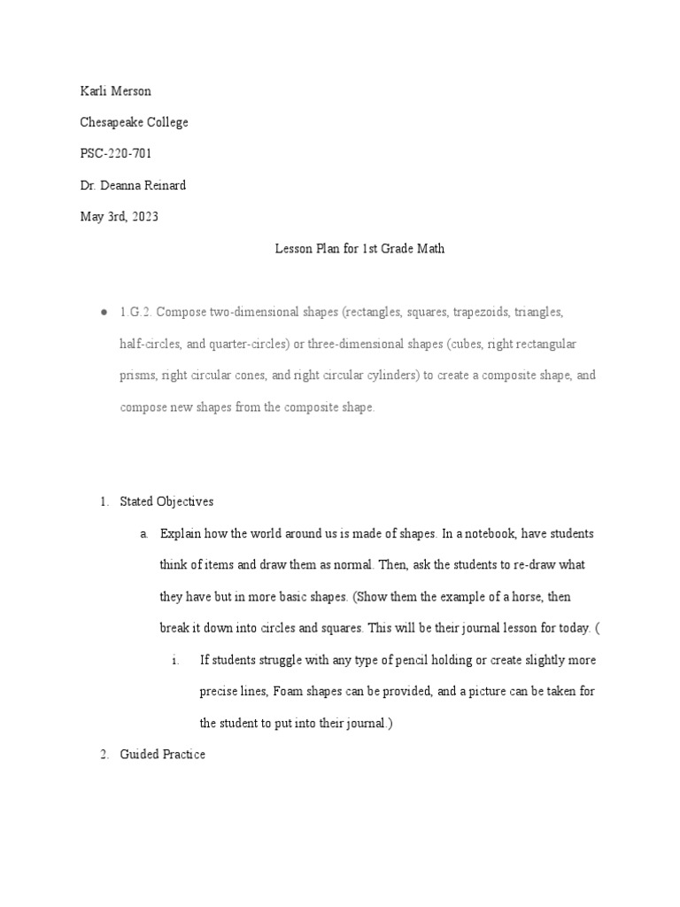 1st Grade Math Lesson Plan: Shapes | PDF | Shape | Drawing
