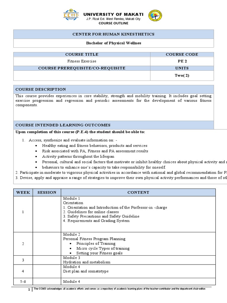Fitness Exercise Course Outline | PDF | Physical Education | Physical ...