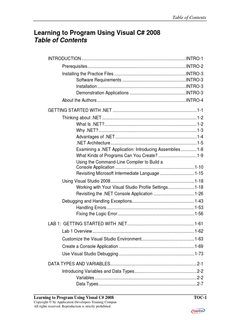 Learning To Program Using Visual C 2008 Toc 1 Pdf Class Computer Programming Method 