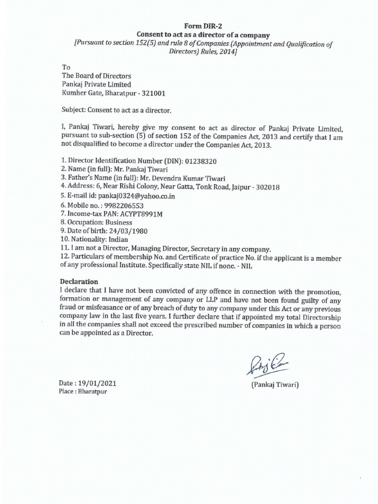 Declaration of The Appointee Director, Managing Director, in Form No ...