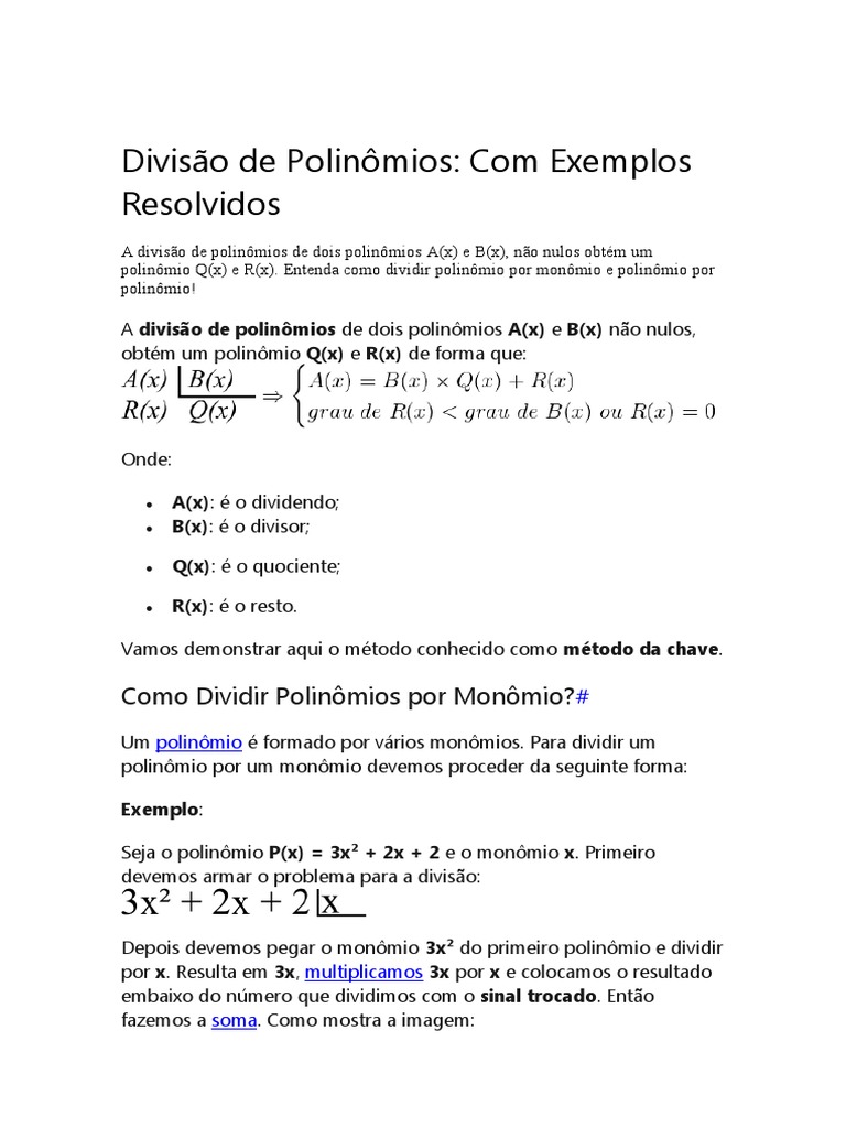 Divisão de Polinômios Explicação | PDF | Divisão (Matemática) | Matemática