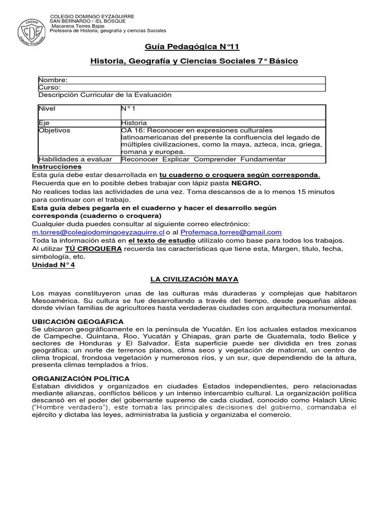 Guía N°11 Historia 7° Básico | PDF | Civilización maya | Agricultura