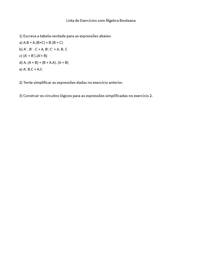 Exercícios de Álgebra Booleana | PDF