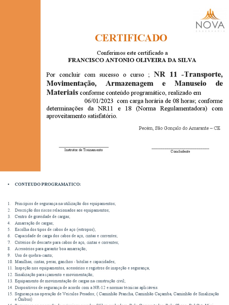 Certificado NR 11 | PDF