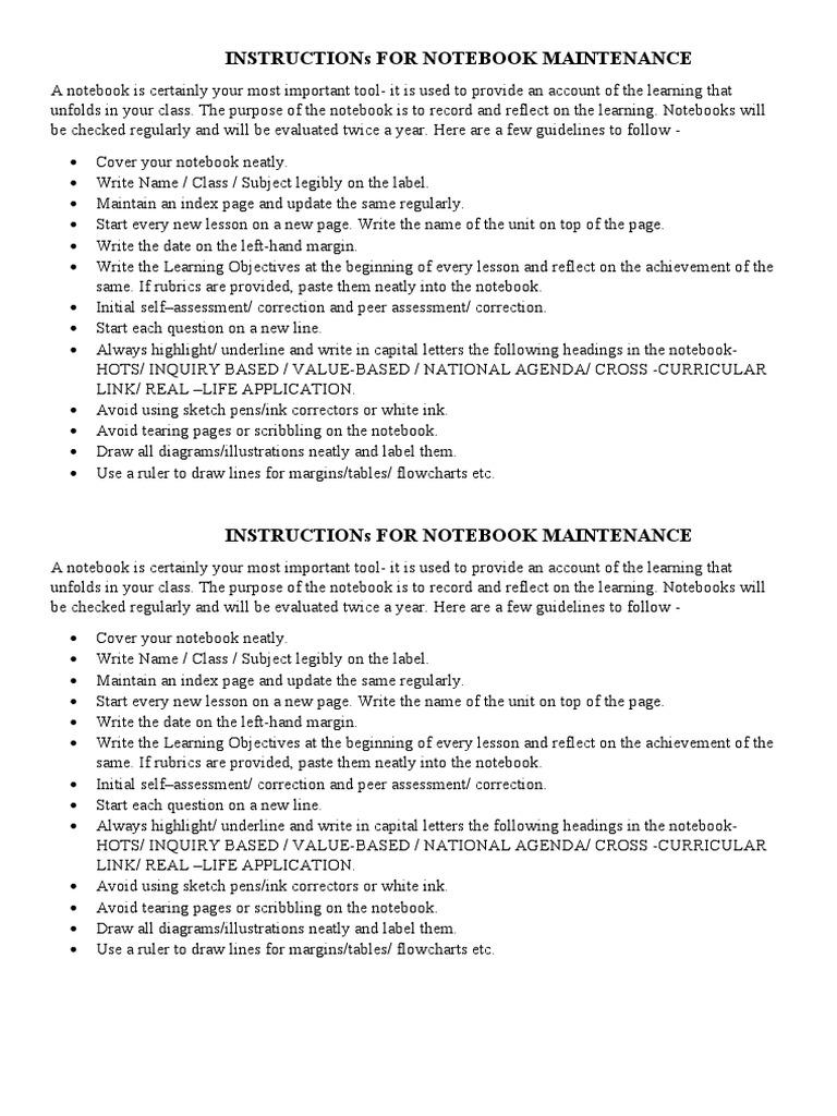 Instructions For Notebook Maintenance | PDF | Notebook | Rubric (Academic)