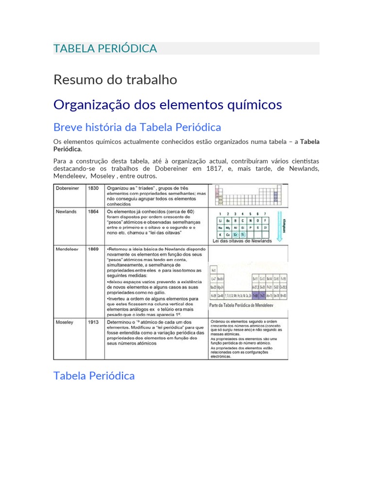 TABELA PERIÓDICA Resumo | Download grátis PDF | Tabela periódica | Átomos