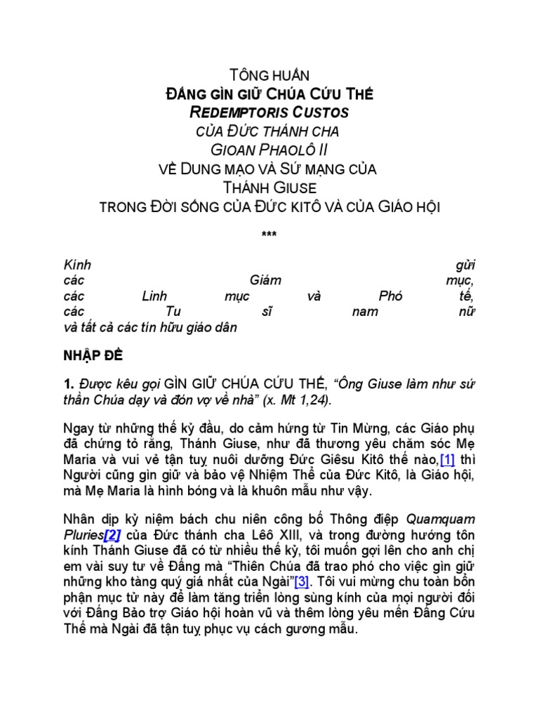 Tong Huan Dang Gin Giu Chua Cuu The Redemptoris Custos | PDF