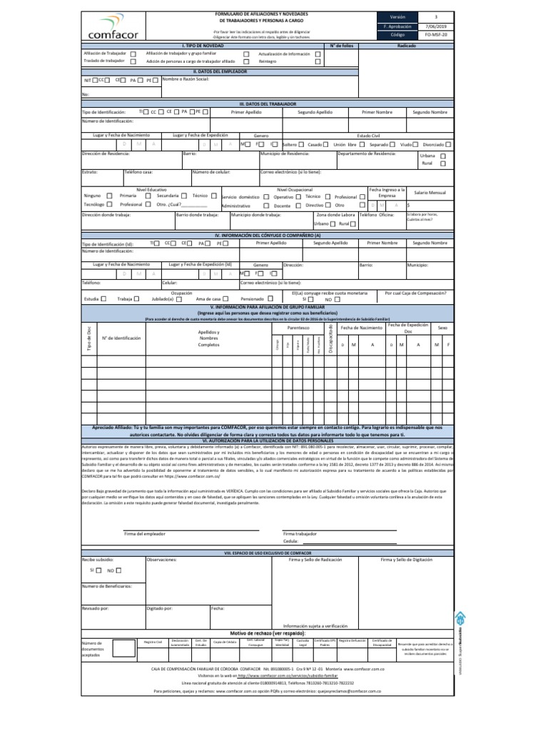 Formulario de Comfacor en Blanco | PDF | Salario | Salario mínimo