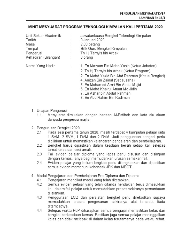 Minit Mesyuarat Program MTK Kali Ke-1 2020 | PDF