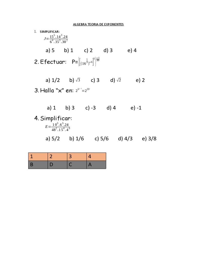 Algebra Teoria de Exponentes Dnivel | PDF