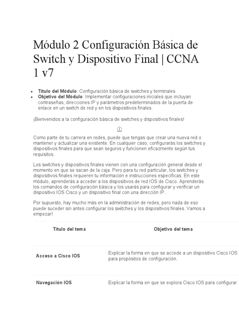 Módulo 2 Configuración Básica de Switch y Dispositivo Final | PDF | Ingeniería Informática ...