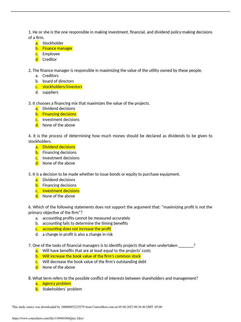 Quiz 2 PDF | PDF | Investing | Dividend