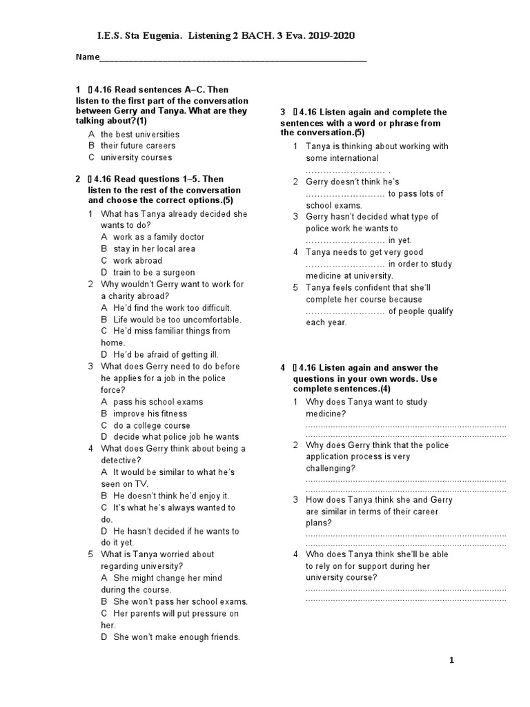 Listening Test 2 BACH 3 Eva 19-20 | PDF | Cognitive Science | Cognition