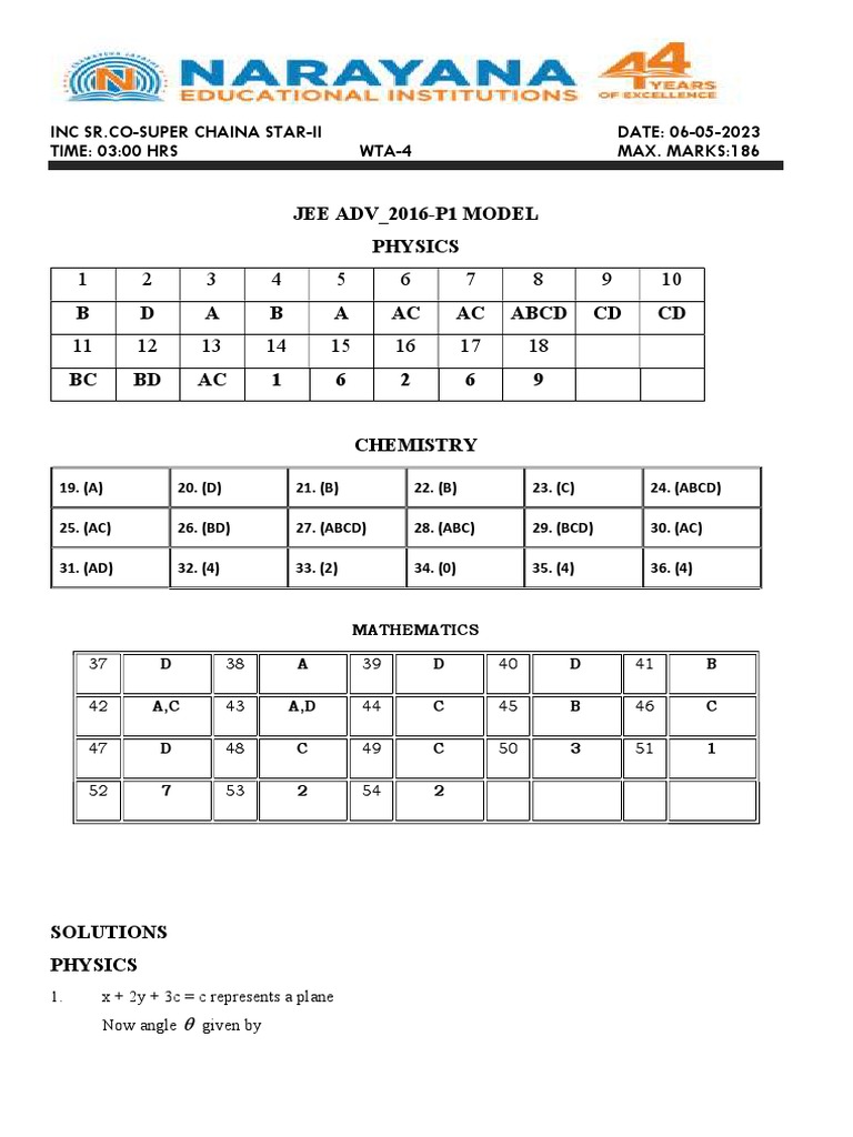 06-05-2023 - INCOMING SR - CO-SUPER CHAINA STAR-II (NEW) - JEE ADV - 2016-P1 MODEL-WAT - 4 - KEY ...