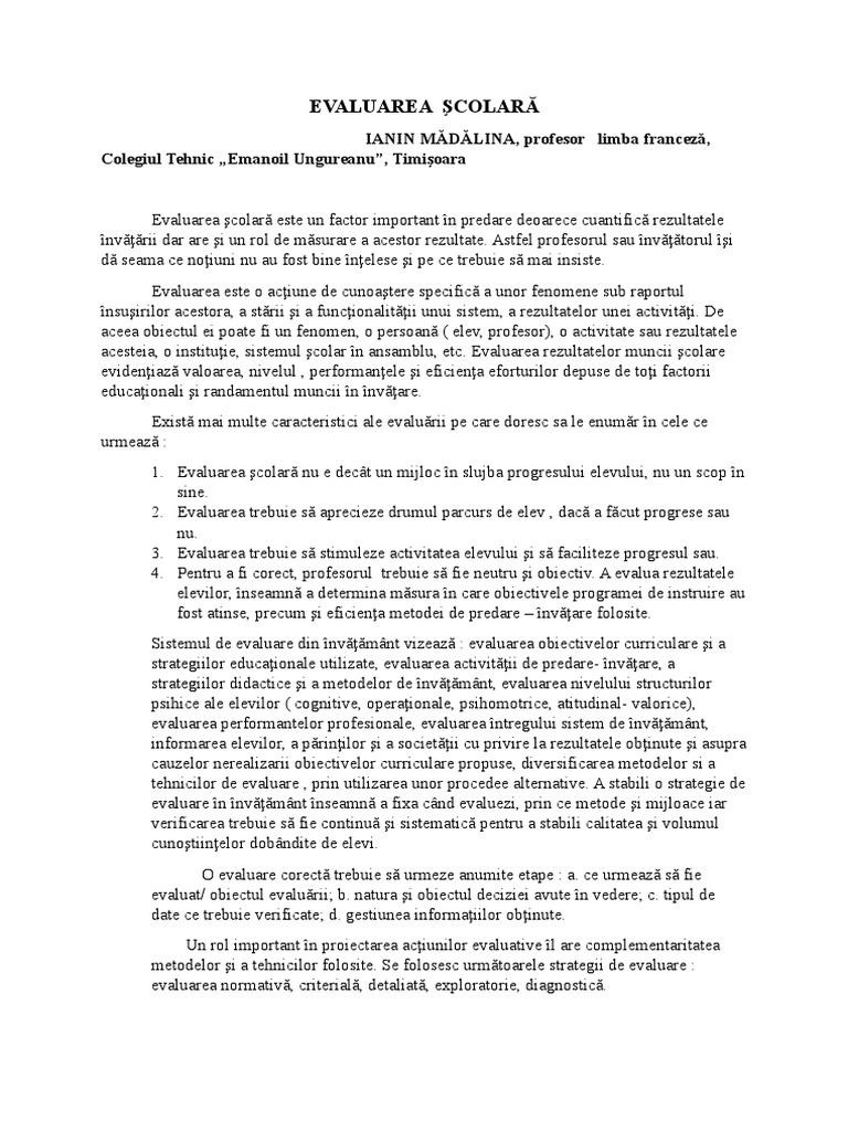 EVALUAREA ŞCOLARĂ Articol 1.05.2023 | PDF