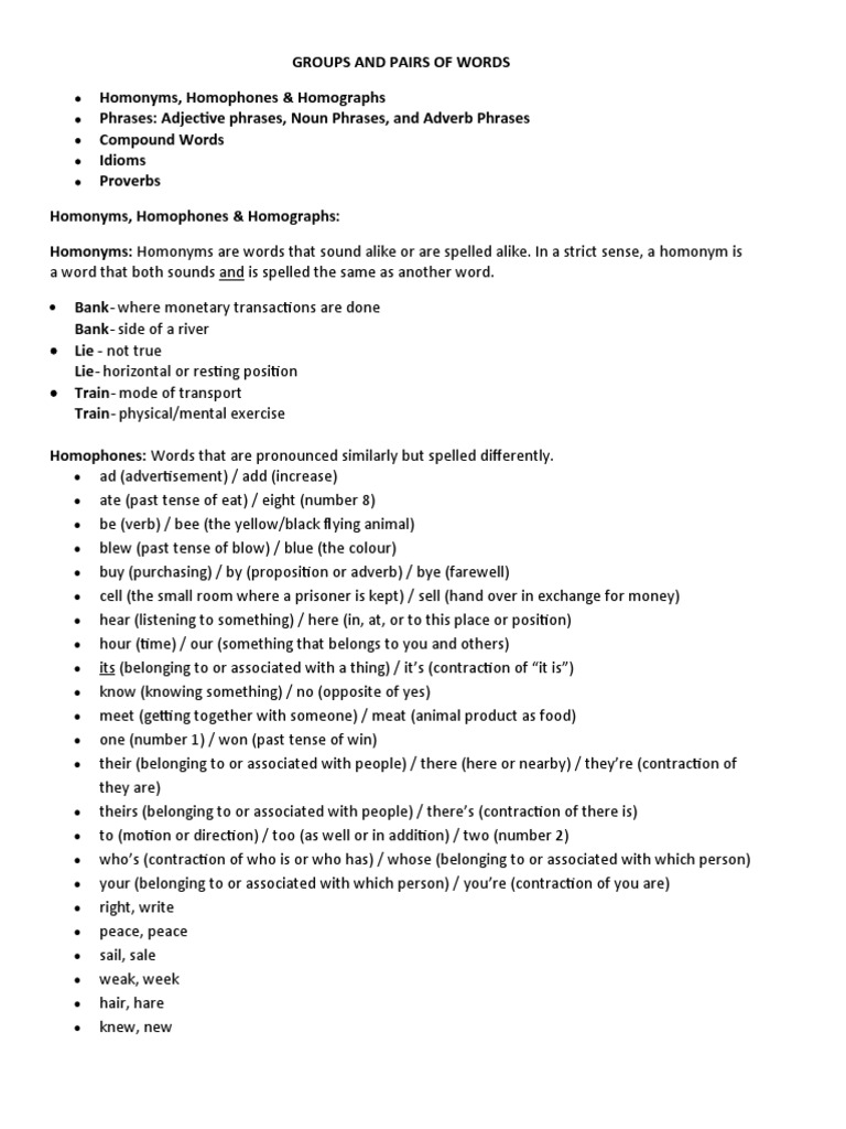 GROUPS AND PAIRS OF WORDS, Idioms, Proverbs | PDF | Word | Idiom