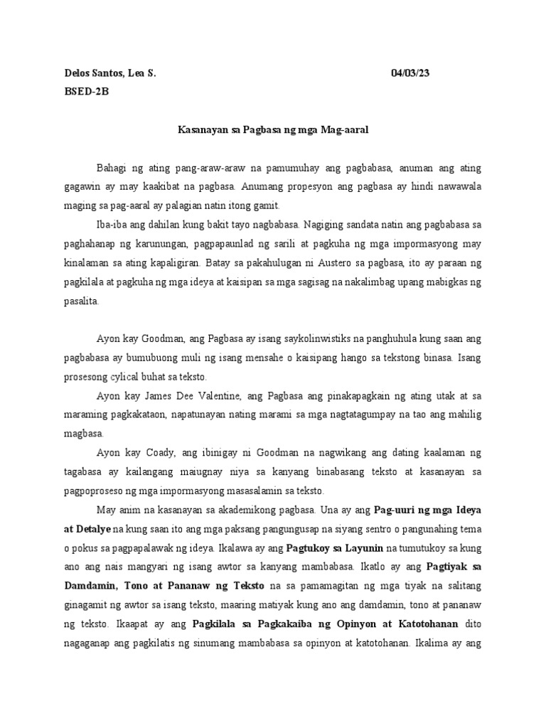 Kasanayan Sa Pagbasa | PDF