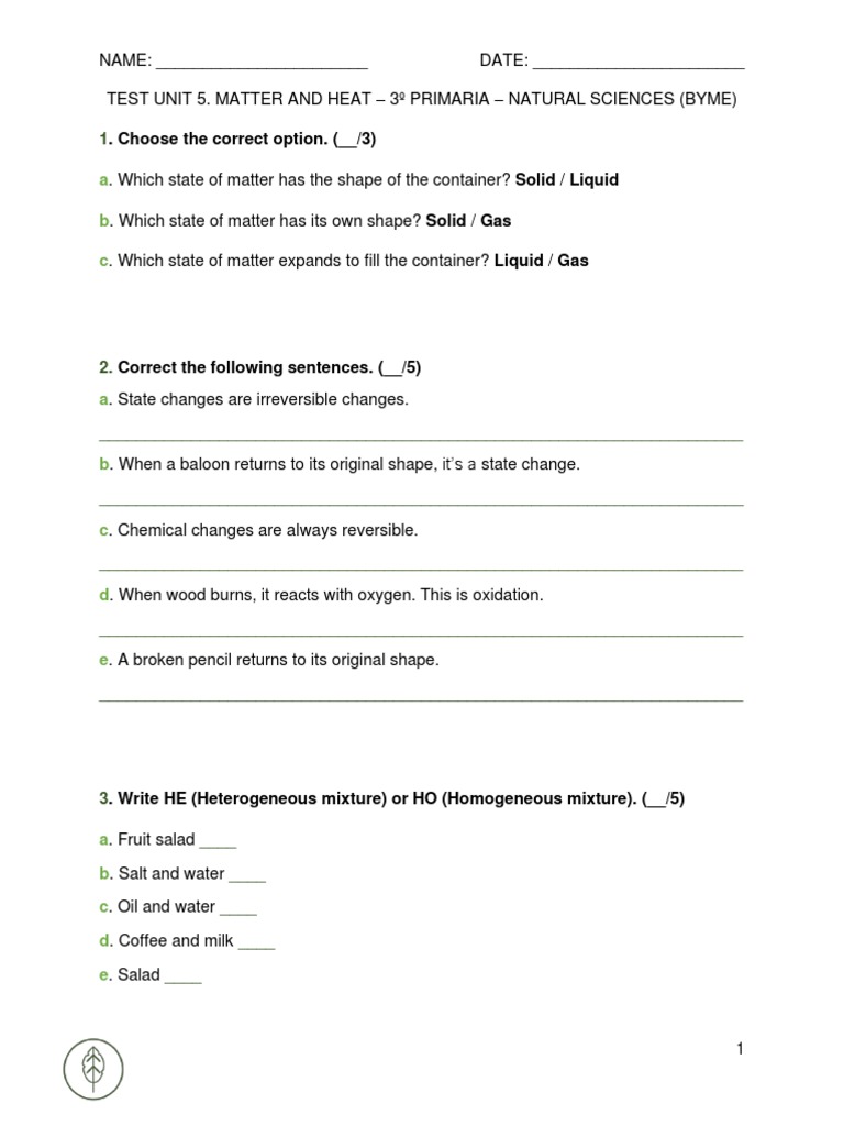 Test Unit 5 - Matter and Heat - 3º Primaria | PDF | Mixture | Secondary ...