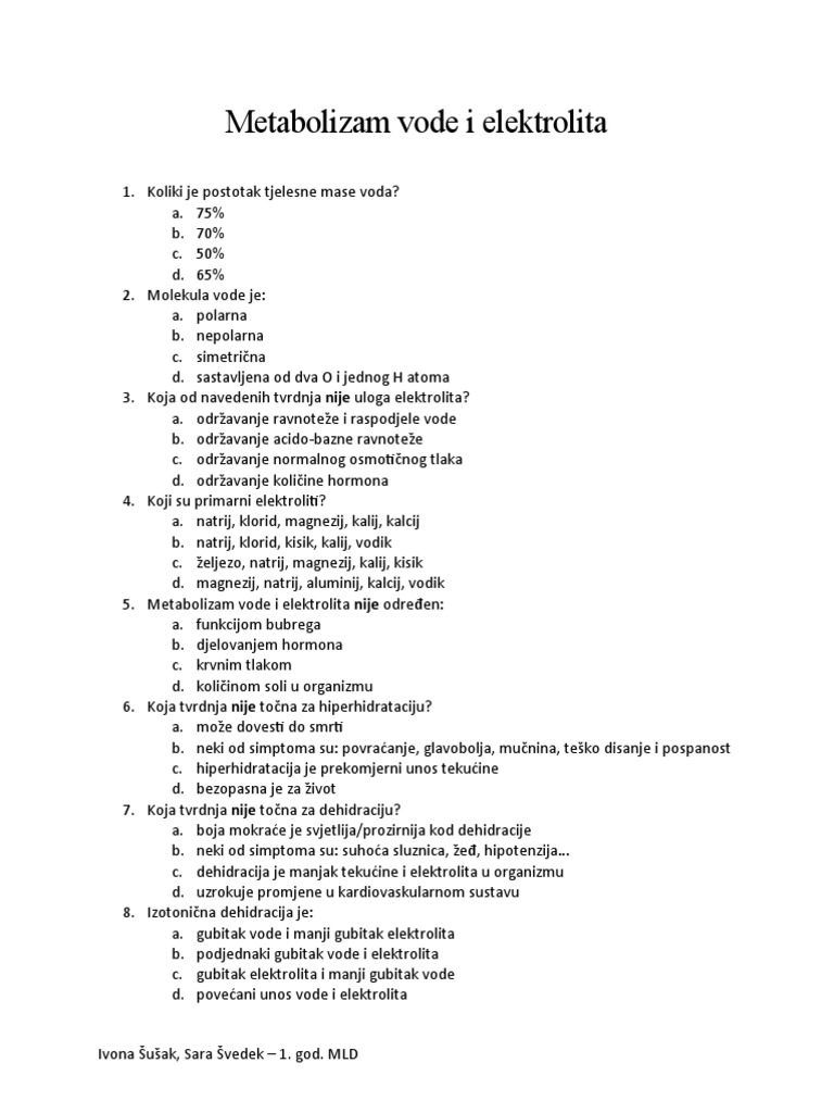 Metabolizam Vode I Elektrolita - Pitanja | PDF