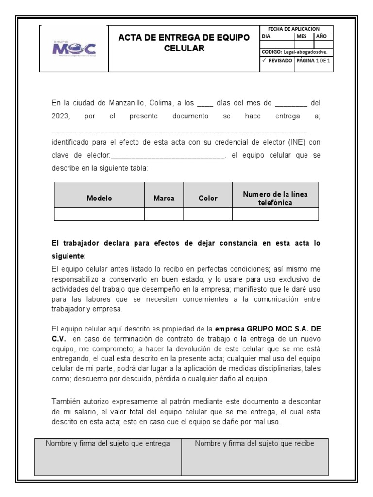Formato Acta de Entrega de Celular | PDF
