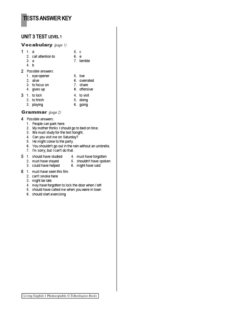 Unit 3 Level 1 Test Answers | PDF