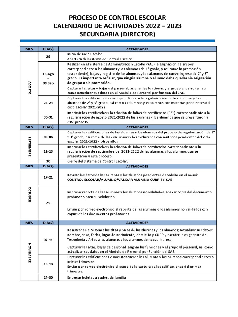 Calendario Control Escolar Secundaria 2022-2023 | PDF