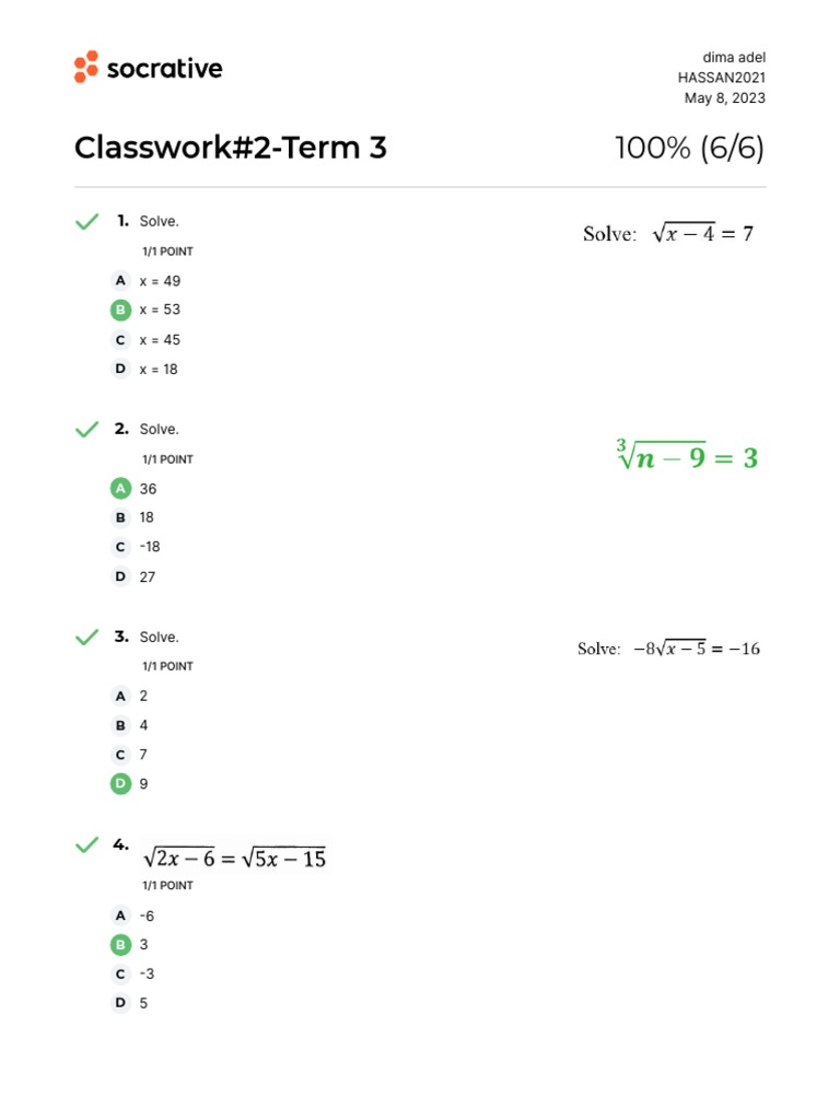Student - 2023 - 05 - 08 - 06 - 43 - Dima Adel - 630 - QZ - Classwork#2-Term 3 PDF | PDF
