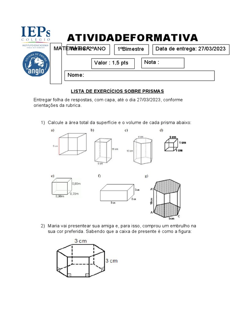Atividadeformativa - Prismas - 2º Ano | PDF
