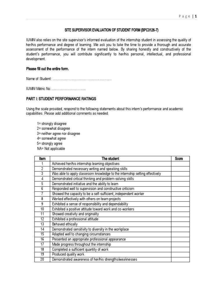 Site Supervisor Evaluation Form | PDF | Internship | Job Hunting