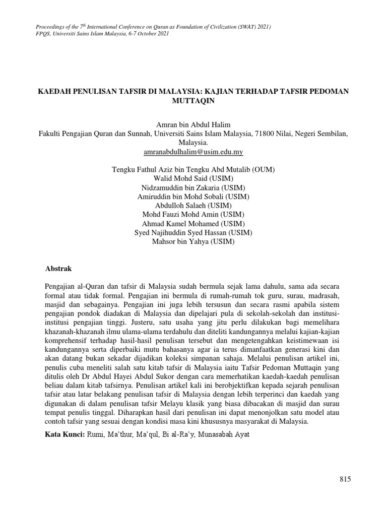 Kaedah Penulisan Tafsir Di Malaysia Kajian Terhadap Tafsir Pedoman ...