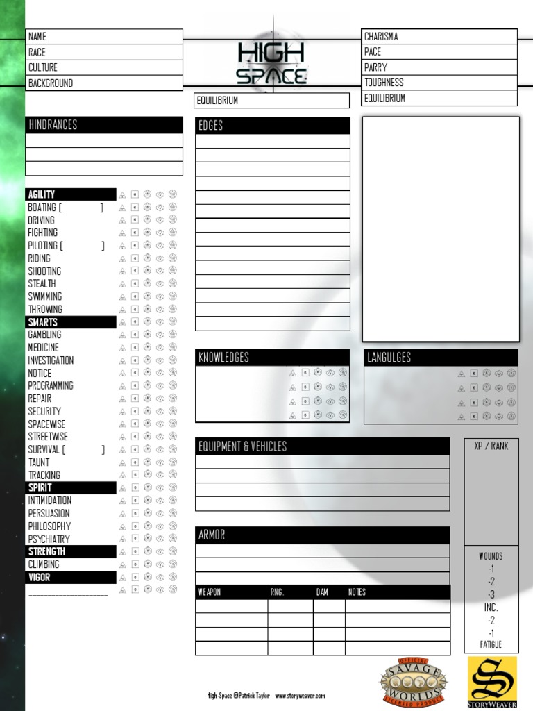 Savage Worlds - High Space - Character Sheet | Download Free PDF | Role Playing Games | Tabletop ...