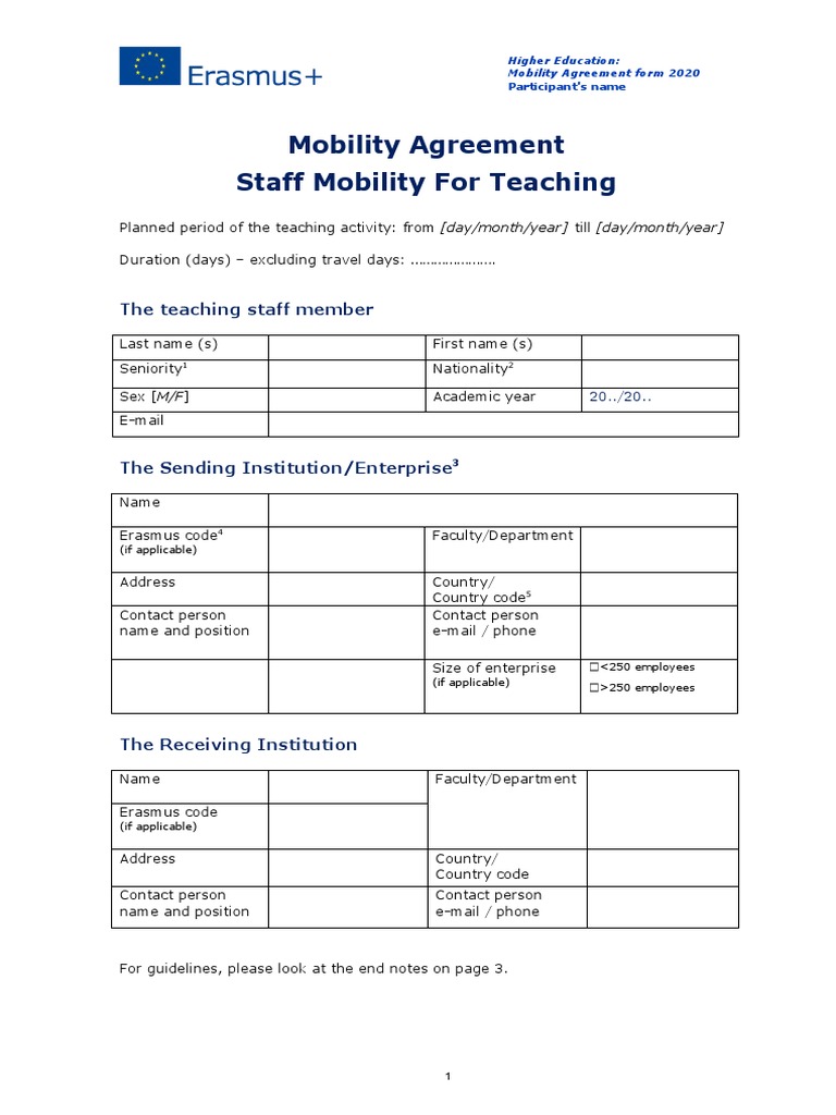 2020 Staff Mobility Agreement Form | PDF